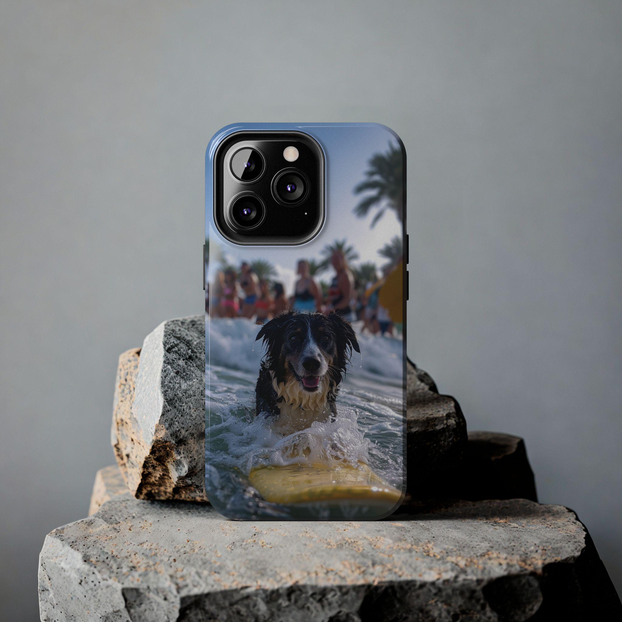 Surfing Border Collie Tough Phone Case Beach Palm Tree Phone Cover ...