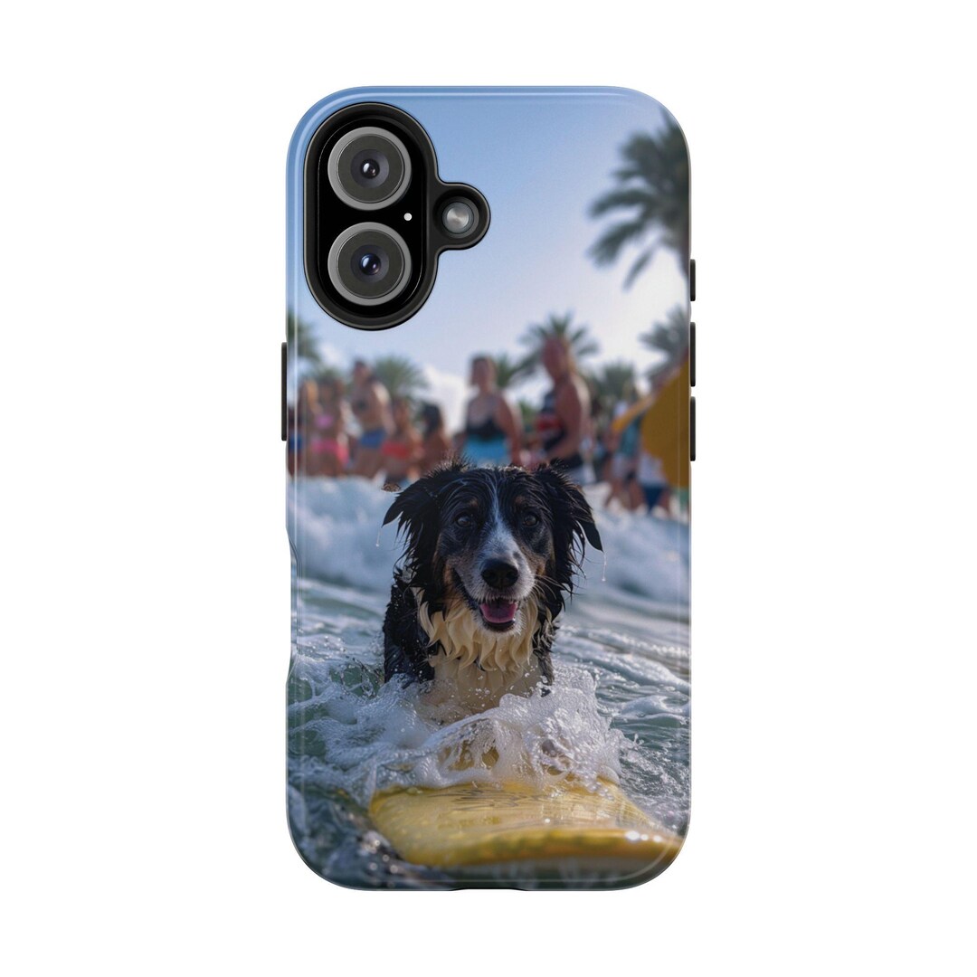 Surfing Border Collie Tough Phone Case Beach Palm Tree Phone Cover ...