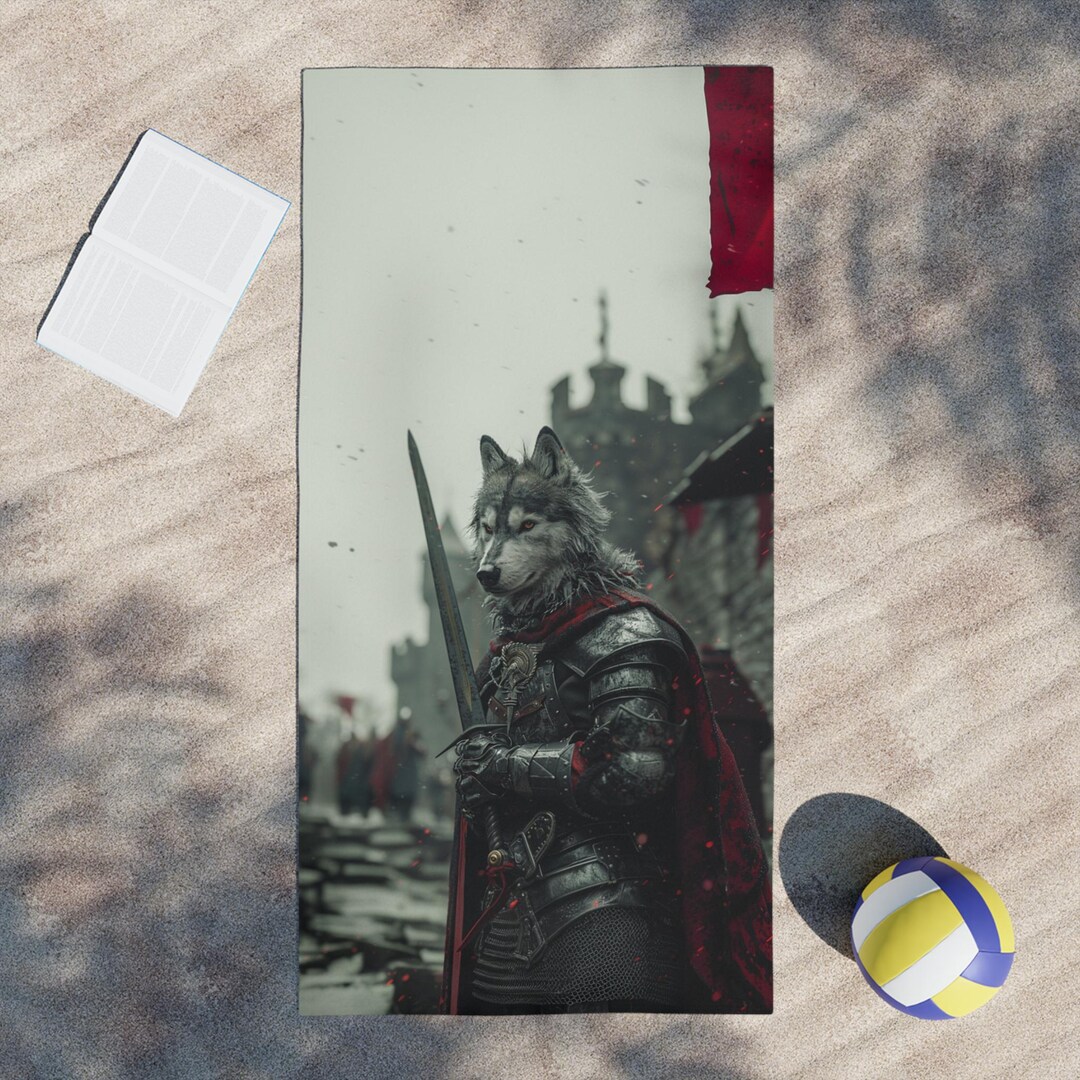 Husky Knight Beach Towel, Fierce Dog in Armor With Castle Backdrop ...