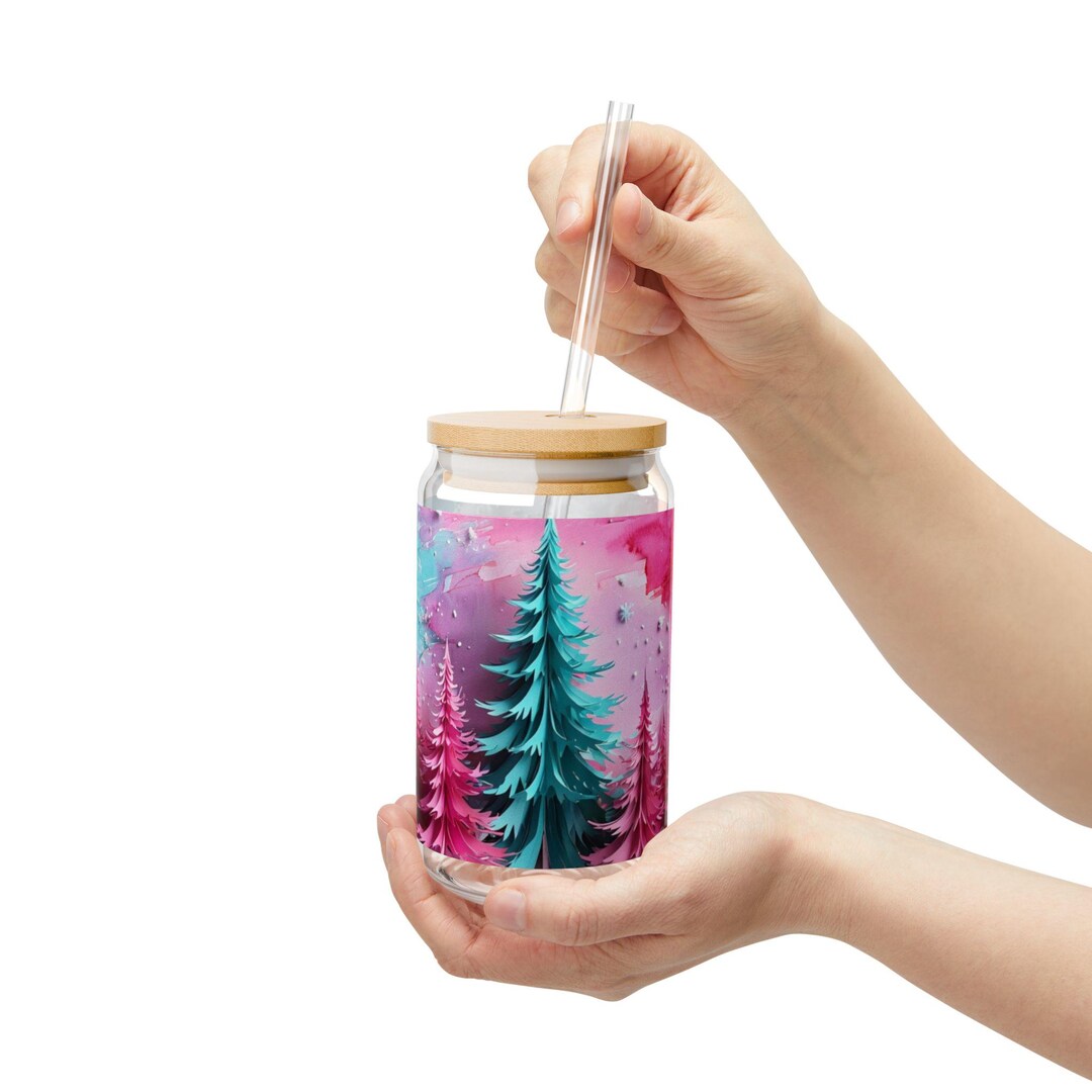 Christmas Tree Scene Sipper Glass Cup, Pink Teal Holiday Drinkware ...