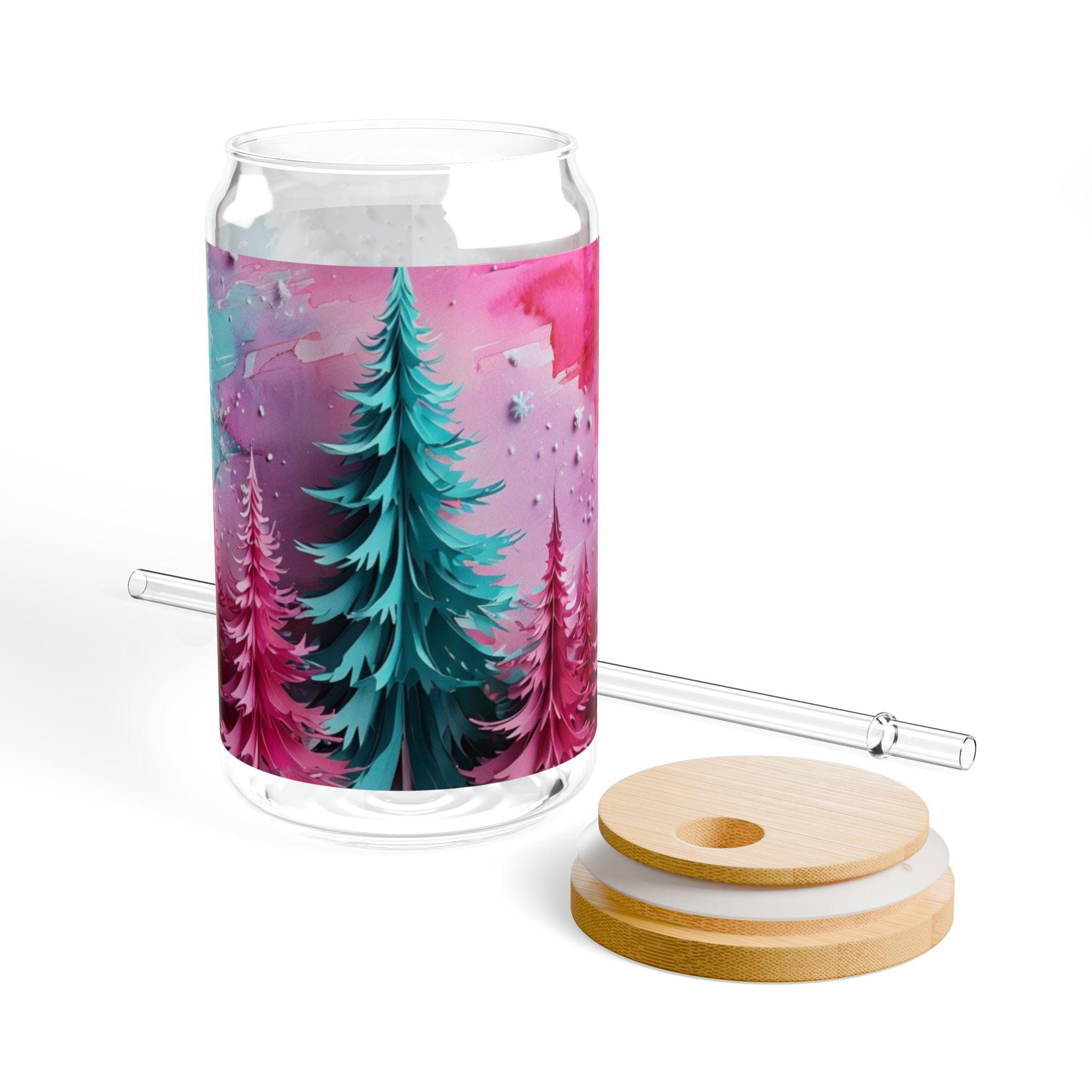 Christmas Tree Scene Sipper Glass Cup, Pink Teal Holiday Drinkware ...