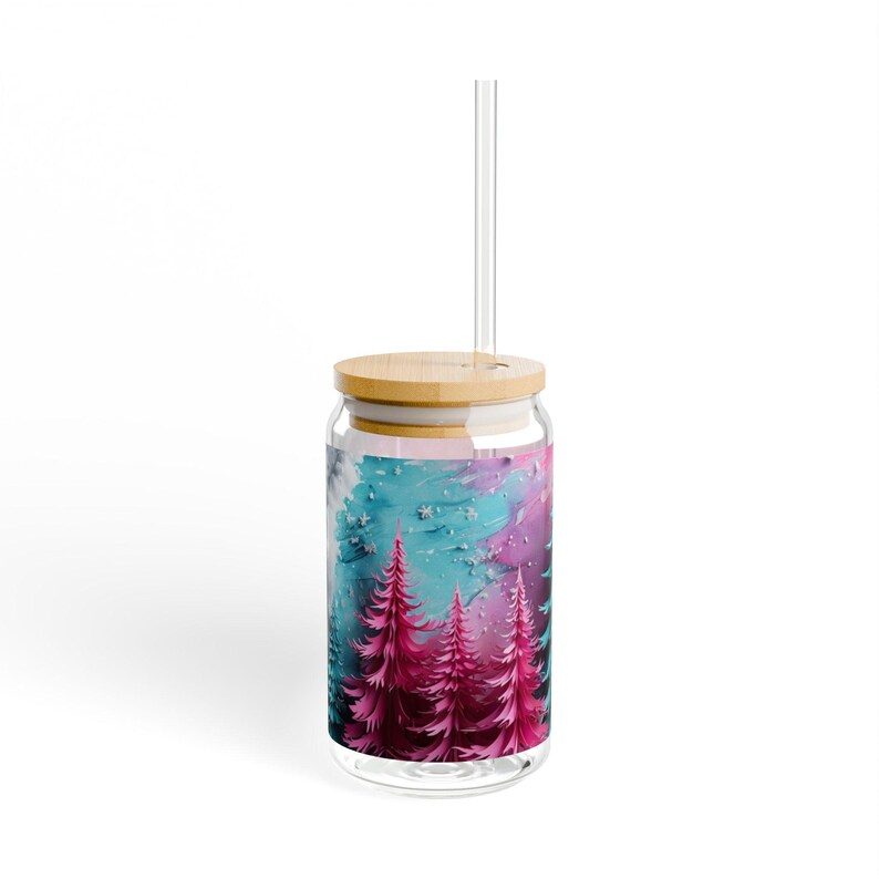 Christmas Tree Scene Sipper Glass Cup, Pink Teal Holiday Drinkware ...