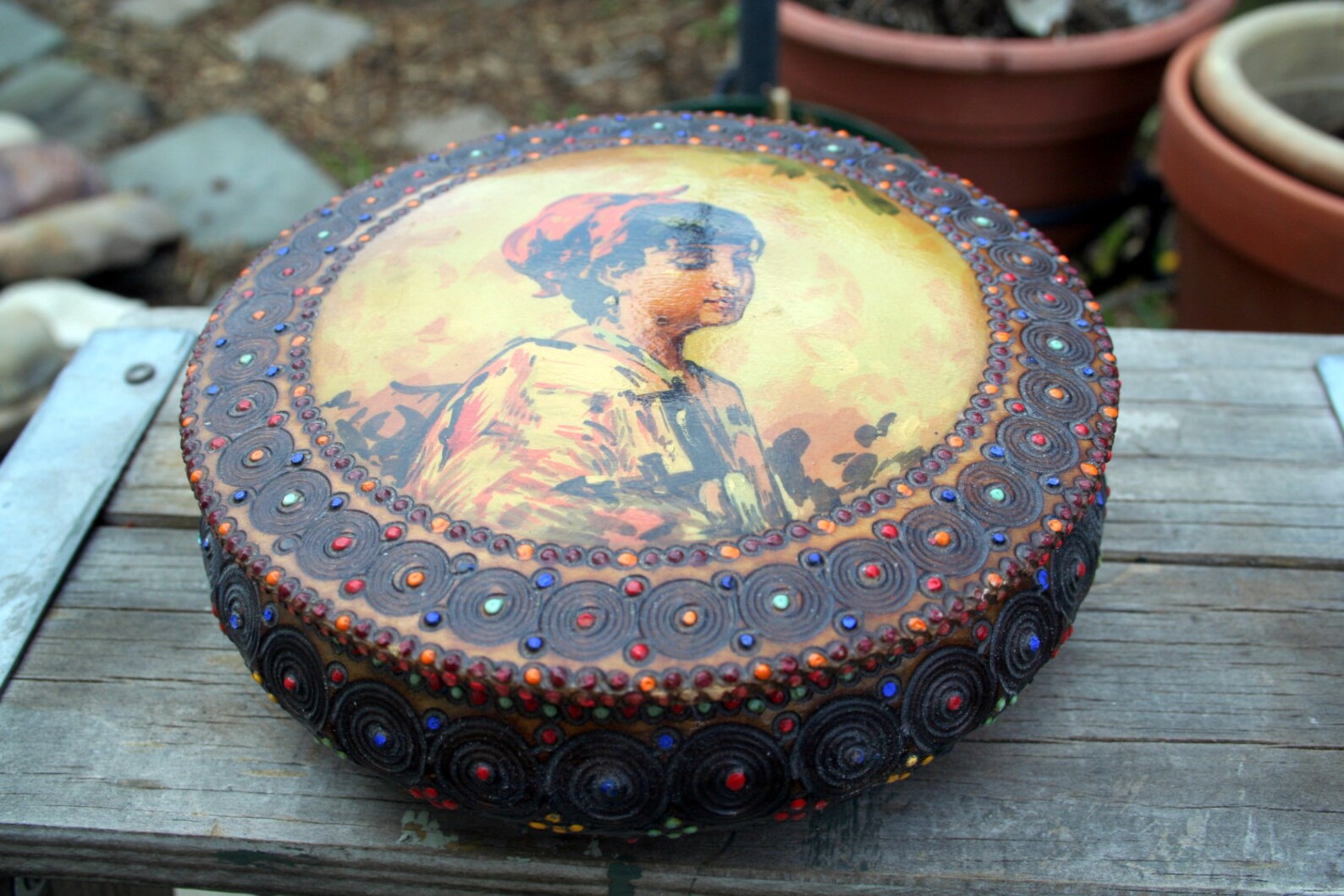 European Spanish Wood Box Round Girl Gold Red Yellow | Etsy