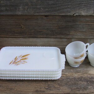 Beautiful Eight Piece Anchor Hocking Wheat Pattern Milk Glass Snack Set ...
