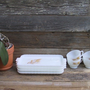 Beautiful Eight Piece Anchor Hocking Wheat Pattern Milk Glass Snack Set ...