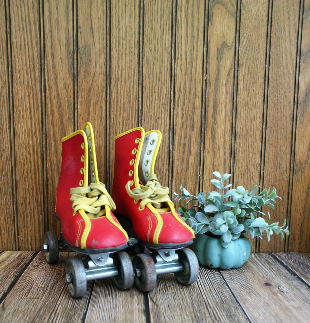Vintage Kids Red Roller Skates With Yellow Trim and Ties / Size 12 ...