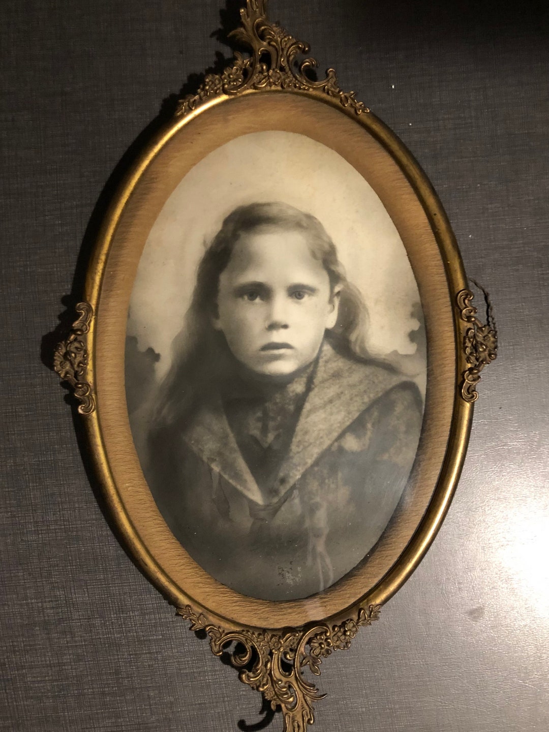 Spectacular 1800s Victorian Antique Framed Girl Picture in Metal Oval ...