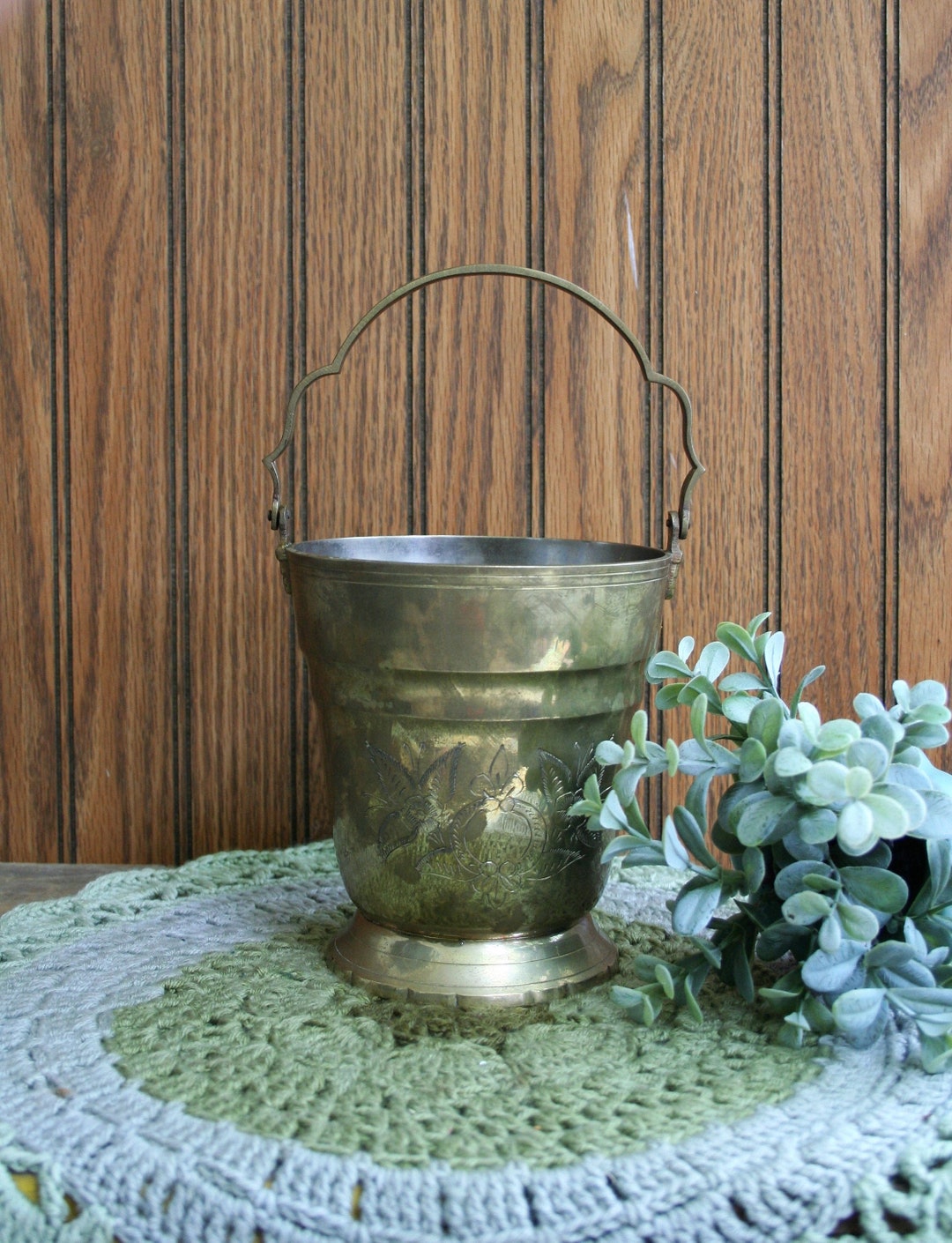 Vintage Etched and Tarnished Brass Bucket / Pail With Handle - Etsy