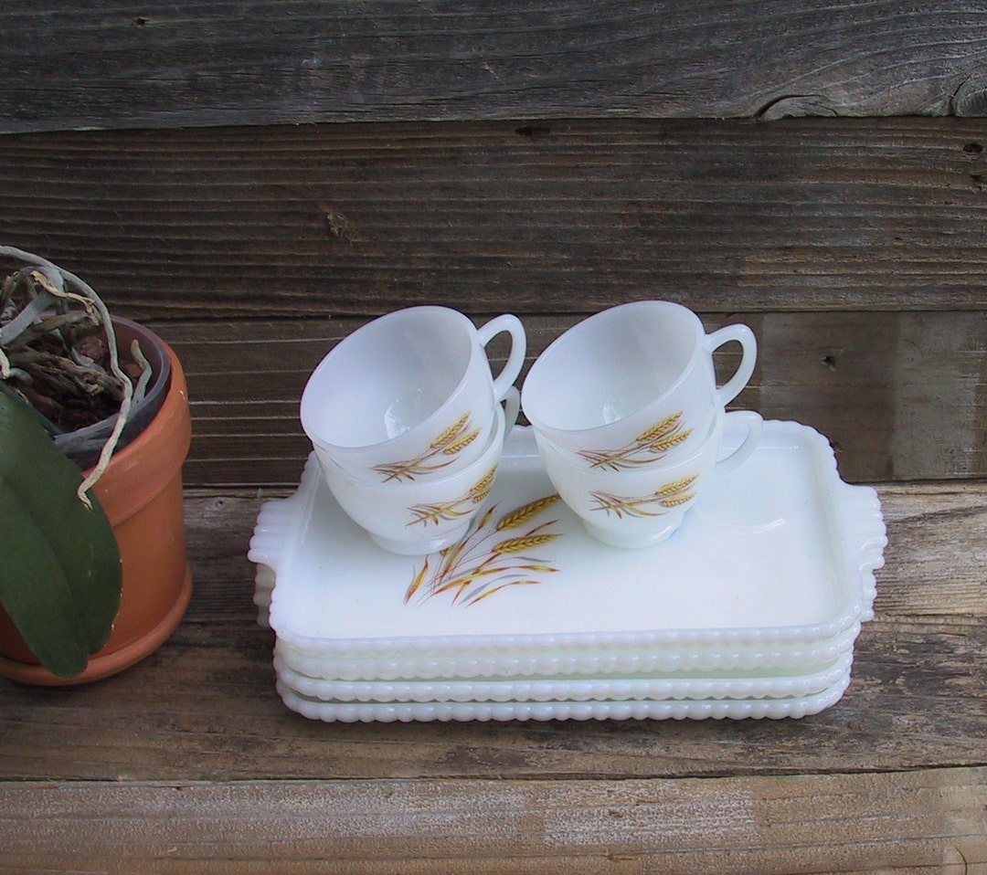 Beautiful Eight Piece Anchor Hocking Wheat Pattern Milk Glass Snack Set ...
