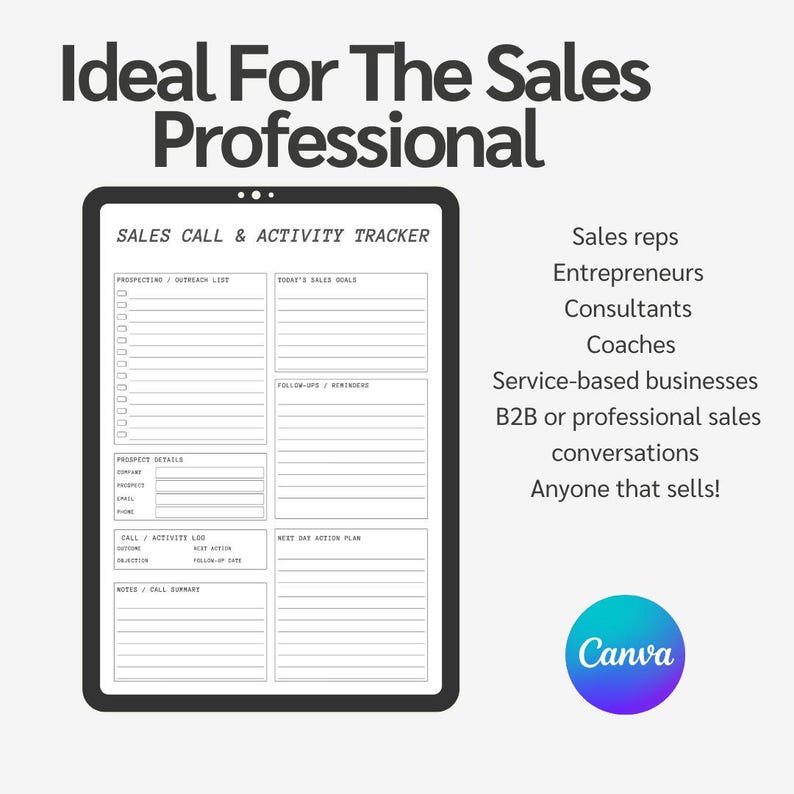 Sales Call Tracker | Sales Activity Log for Reps | Editable Canva PDF ...