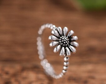 Sunflower Ring, Flower Stack Ring, Flower Ring, Silver Stack Ring, Sunflower Stack Ring, Boho ...