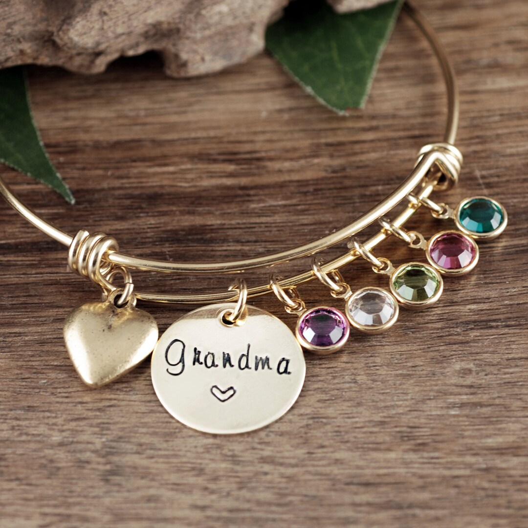 Personalized Grandma Bracelet With Birthstones, Custom Bangle Bracelet ...