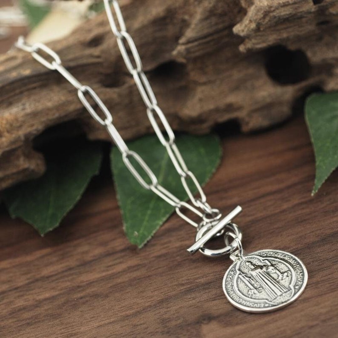St. Benedict Sterling Silver Charm, Paperclip Chain Necklace, Christian ...