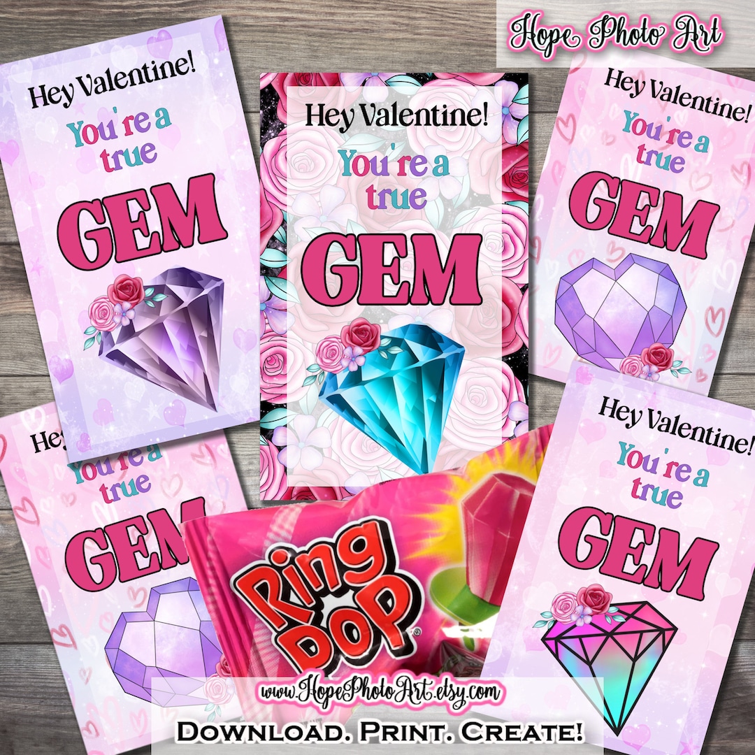 Valentine Cards for Kids, Ring Pop Gem Valentine Tags, Classroom ...