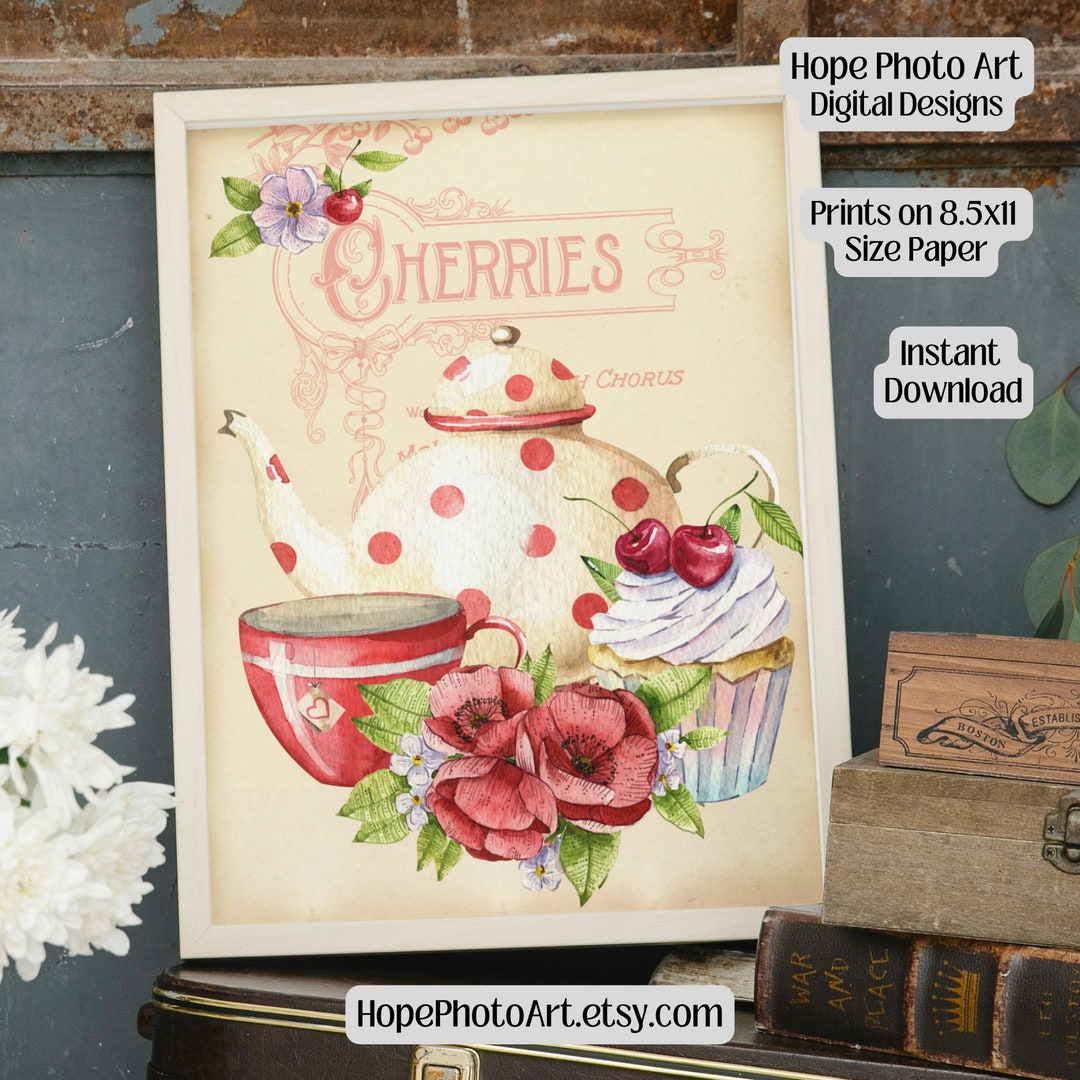 Cherry Blossom Tea Pot Print, Cupcakes, Tea Party, Cherry Wall Art ...