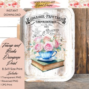 Teacup and Books French Script Decoupage Clipart, Farmhouse Shabby Chic ...