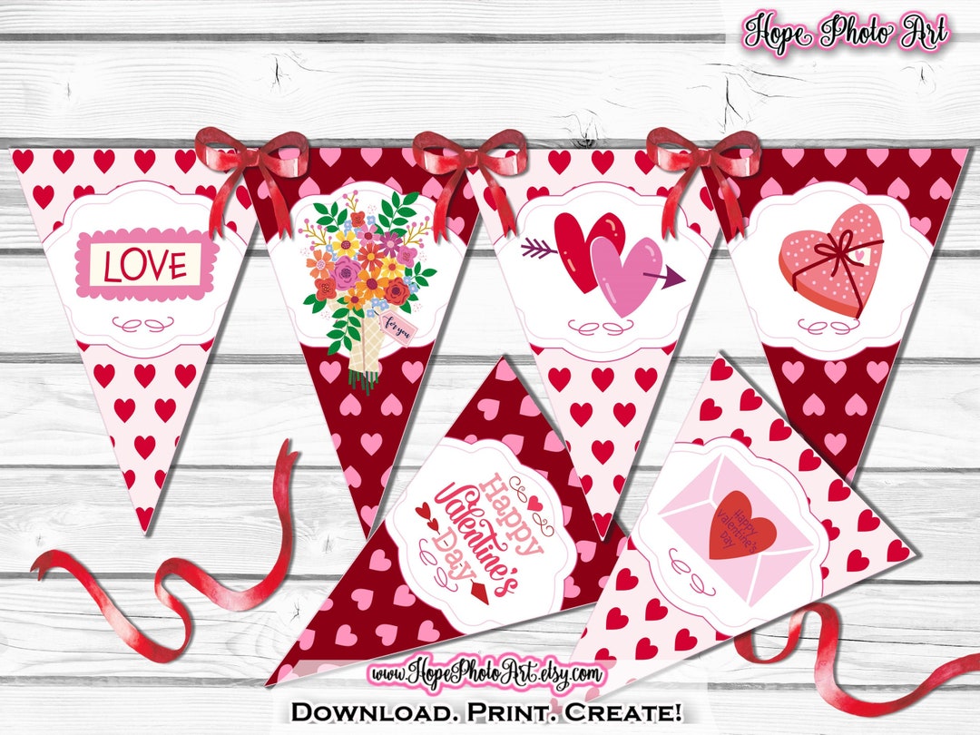 Printable Valentine Banner, Garland, Hearts, Love, Retro 70s, Valentine ...
