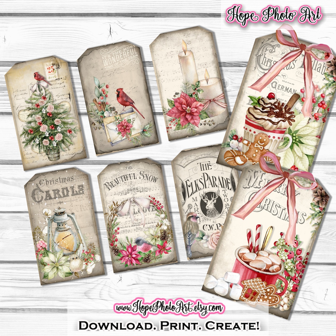 Christmas Tags, Soft Pink, Cardinal Bird, Poinsettia, Gingerbread ...