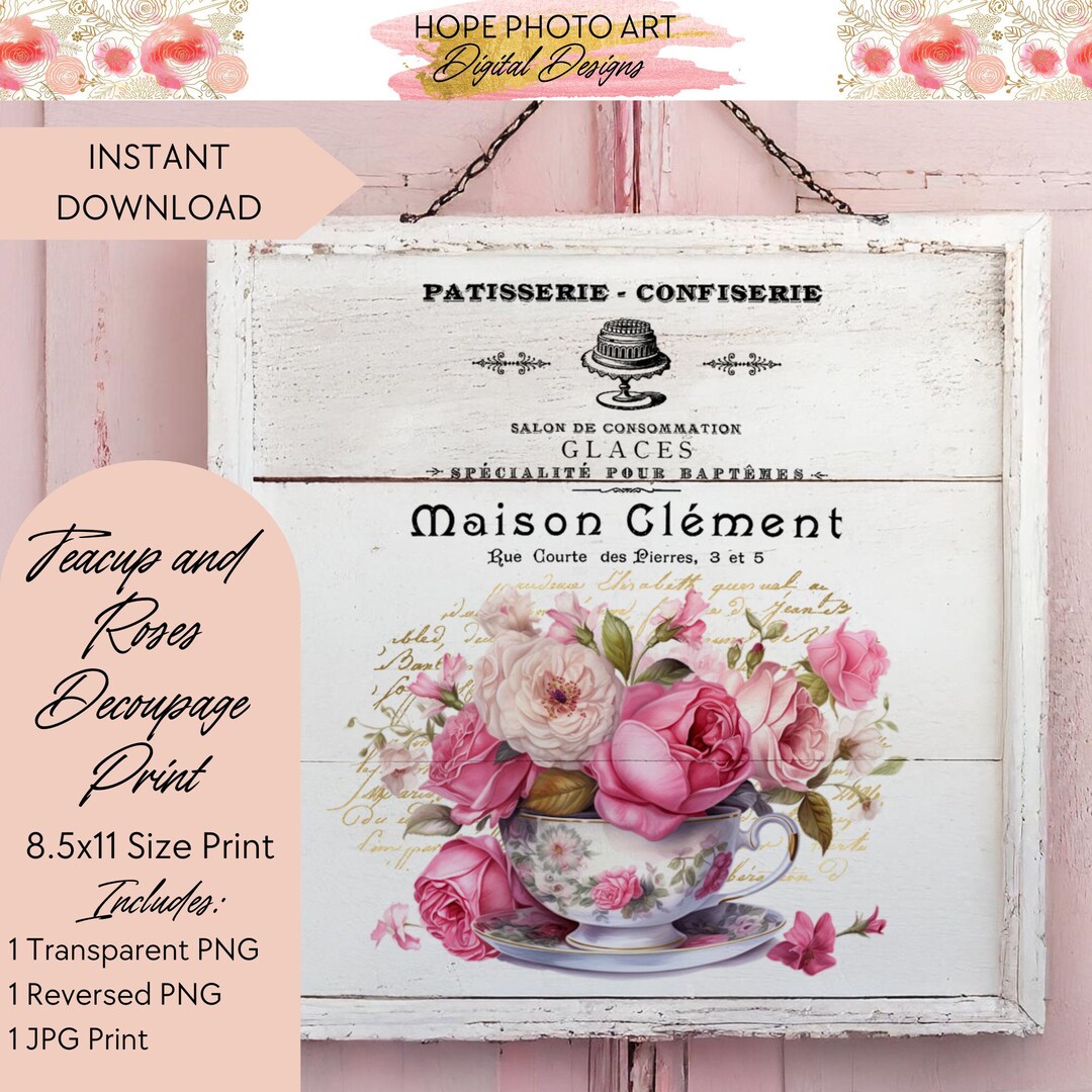 Teacup and Pink Roses French Script Decoupage Clipart, Farmhouse Shabby ...