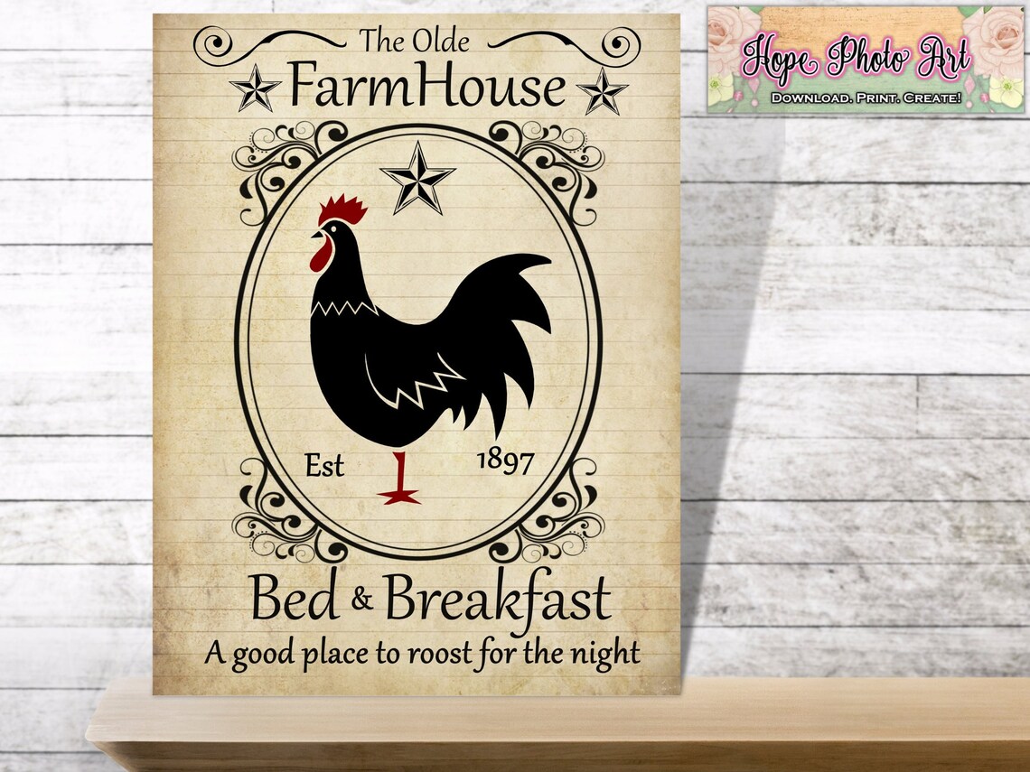 Printable Farmhouse Bed and Breakfast Rooster Sign Vintage - Etsy