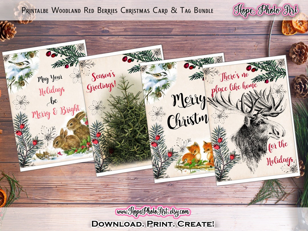 Woodland Christmas Cards, Nature, Red Berries, Set of 6 W/ Gift Tags ...