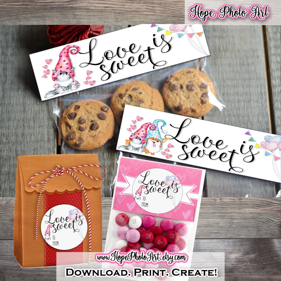 Printable Valentines Day Bag Topper, Gnome, Cats, Dogs (digital ...