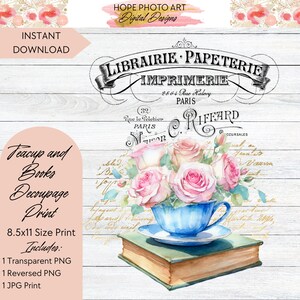 Teacup and Books French Script Decoupage Clipart, Farmhouse Shabby Chic ...
