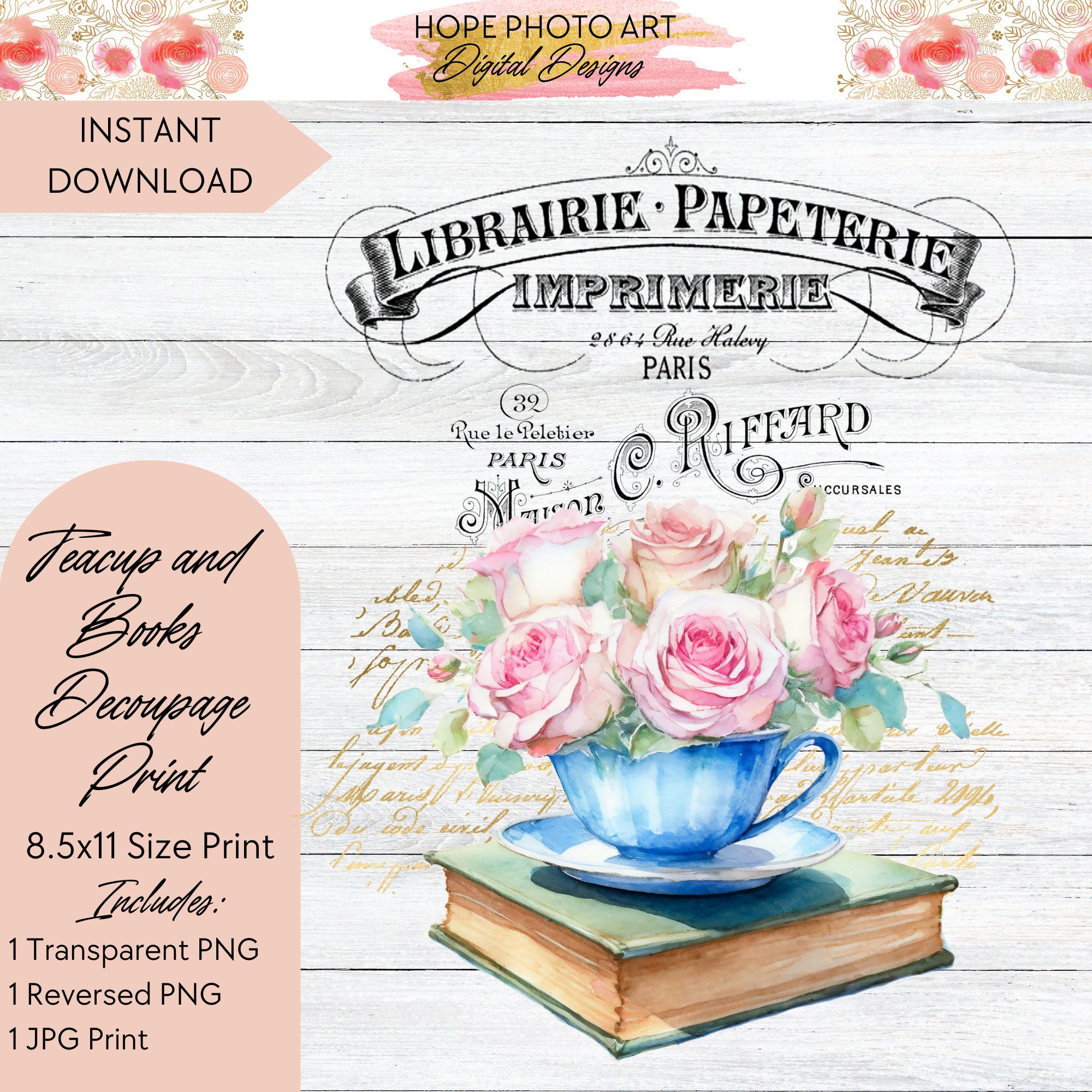 Teacup and Books French Script Decoupage Clipart, Farmhouse Shabby Chic ...