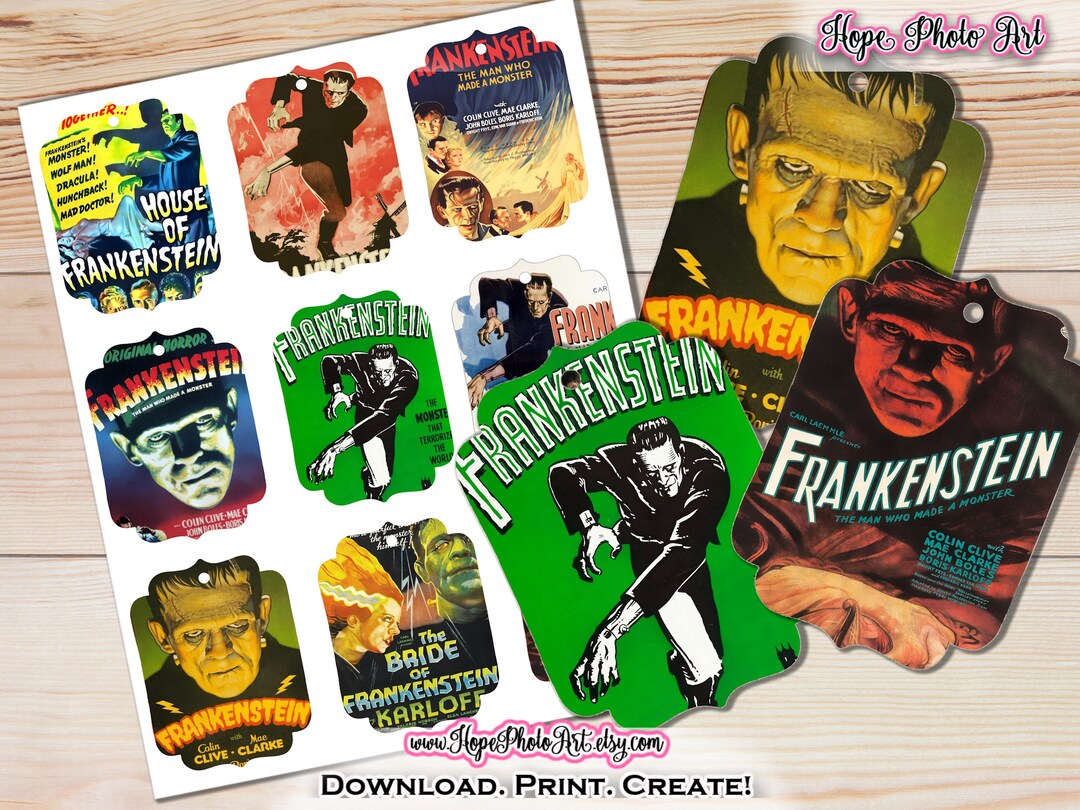 Vintage Frankenstein Halloween Tags, Classic Horror Movie (digital ...