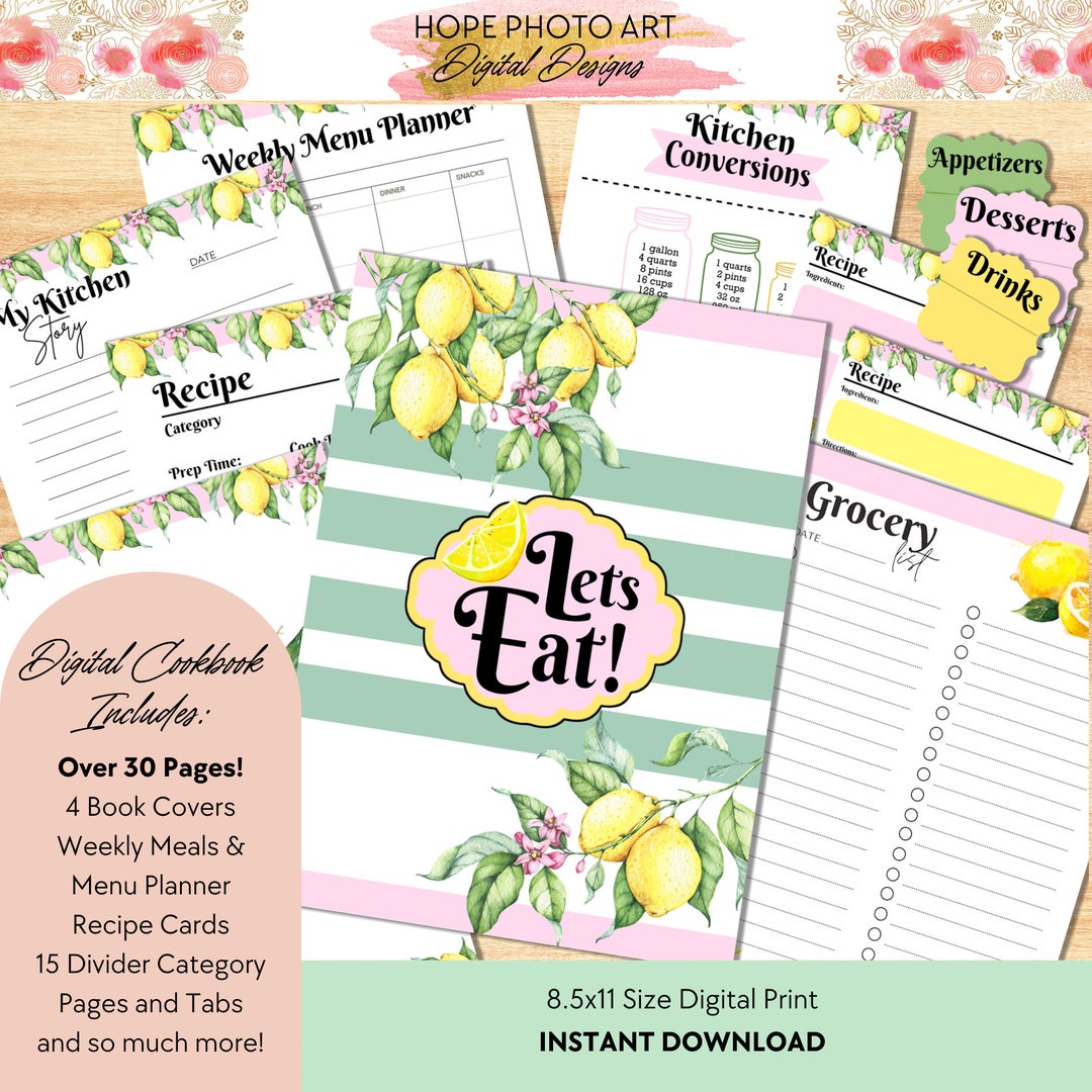 Cookbook Template, Lemon Digital Cookbook, Family Recipe Book, Meal ...
