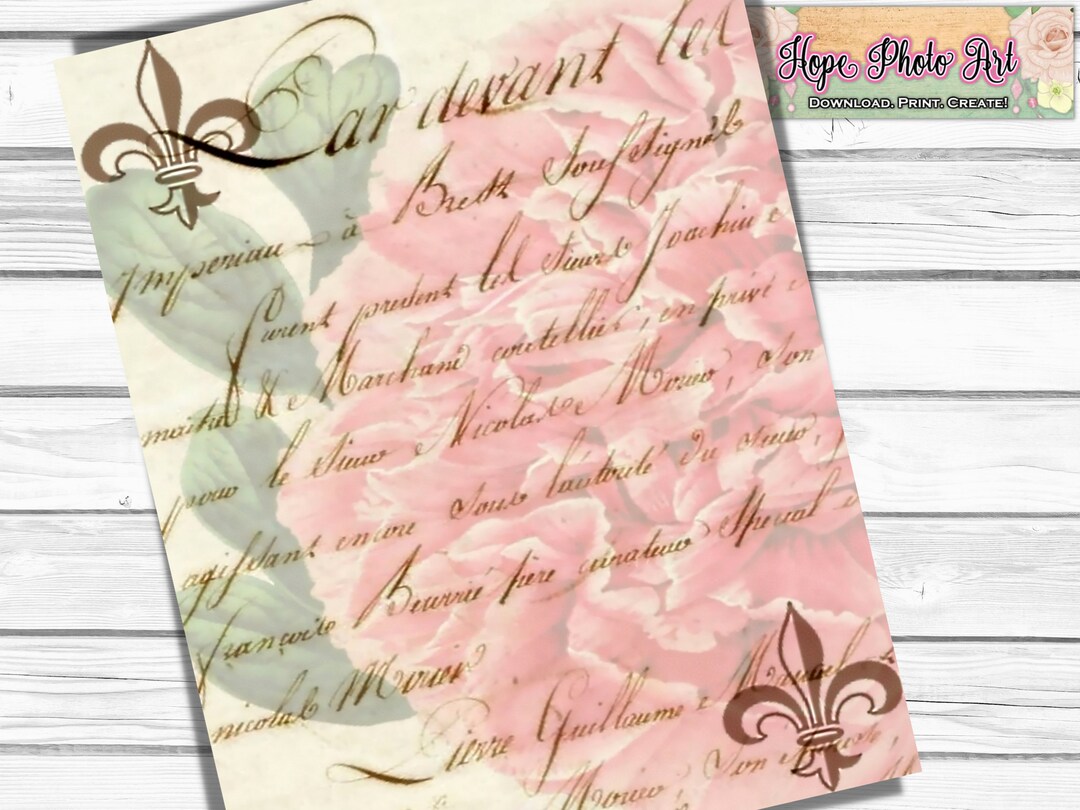 Printable French Script, Le Fleur, Pink Botanical, Digital Collage ...