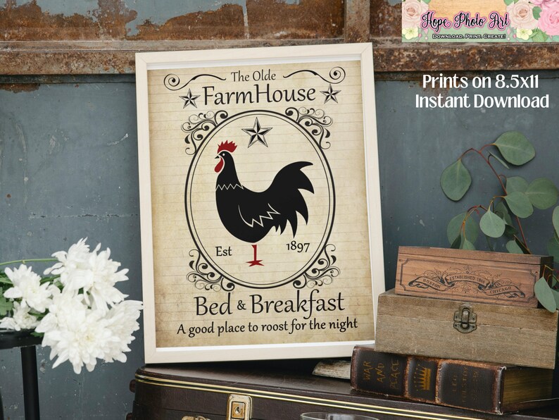 Printable Farmhouse Bed and Breakfast Rooster Sign Vintage - Etsy