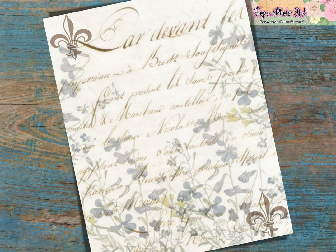 Printable French Script Digital Paper, Fleur De Lis, Junk Journal ...