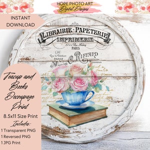 Teacup and Books French Script Decoupage Clipart, Farmhouse Shabby Chic ...