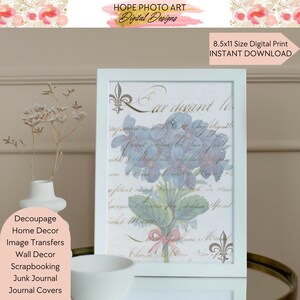 French Script Hydrangea Decoupage Print, Cottage Floral (digital ...