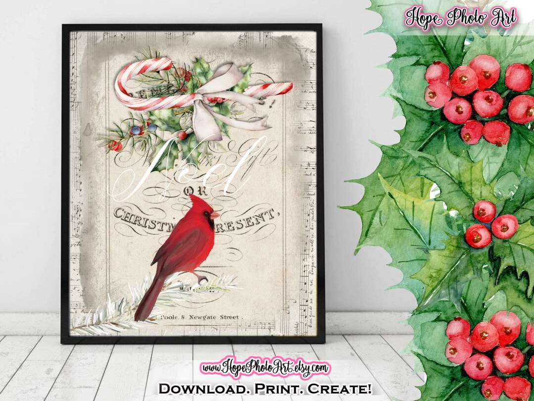 Christmas Cardinal, Digital Print, Candy Cane, Noel, Vintage Sheet ...