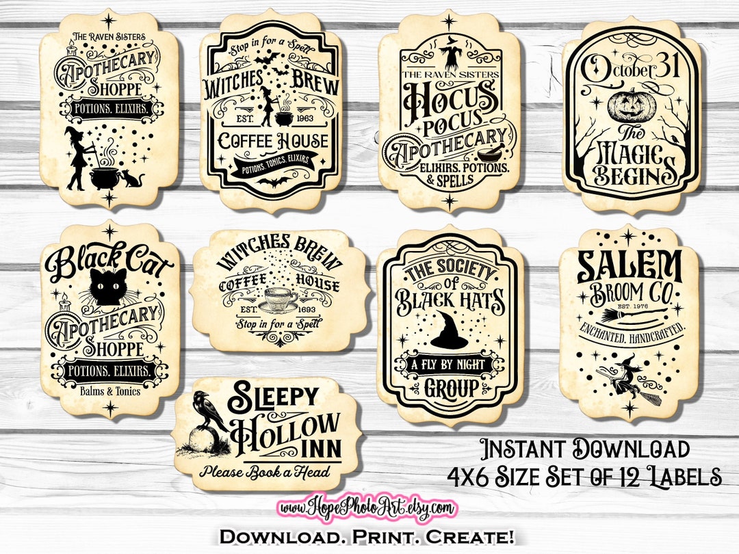 Halloween Tags Labels, Hocus Pocus, Vintage Apothecary, Black and White ...