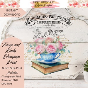 Teacup and Books French Script Decoupage Clipart, Farmhouse Shabby Chic ...