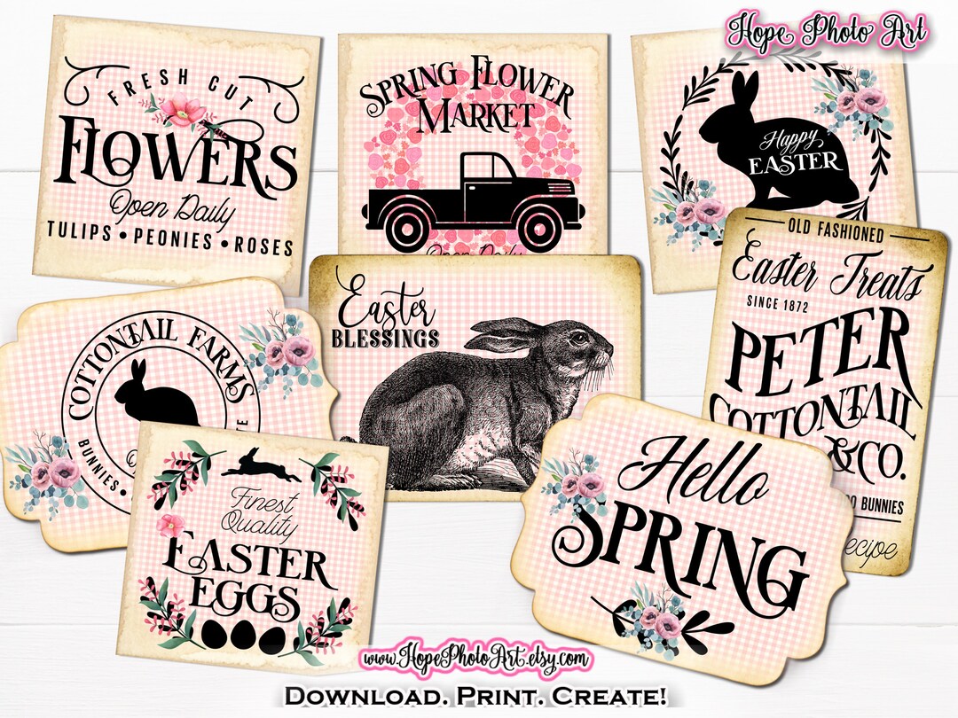 Printable Easter Tags Labels, Farmhouse Pink, Shabby Chic, Rabbits ...
