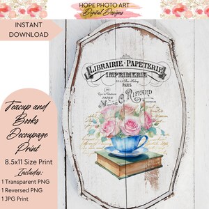 Teacup and Books French Script Decoupage Clipart, Farmhouse Shabby Chic ...