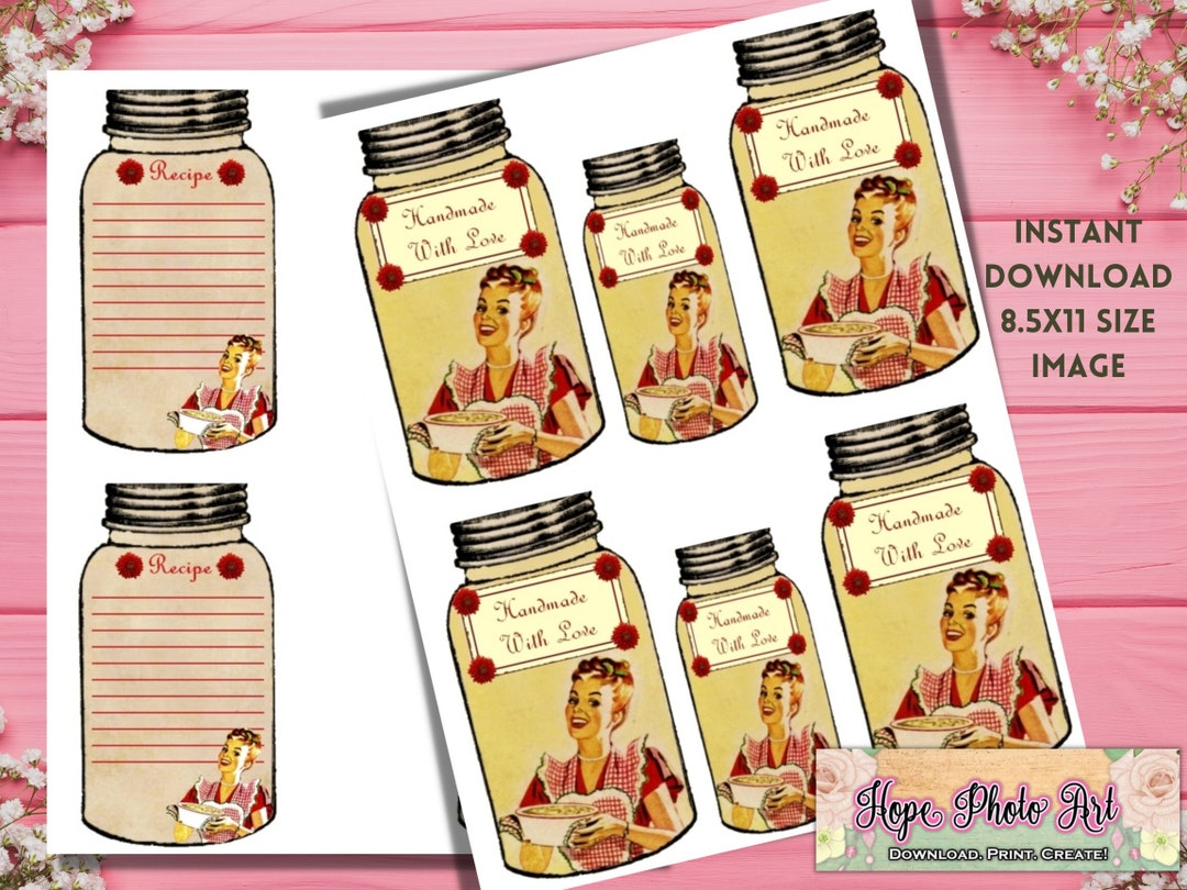 Retro Mason Jar Tags and Recipe Cards, Handmade With Love, Food Labels ...