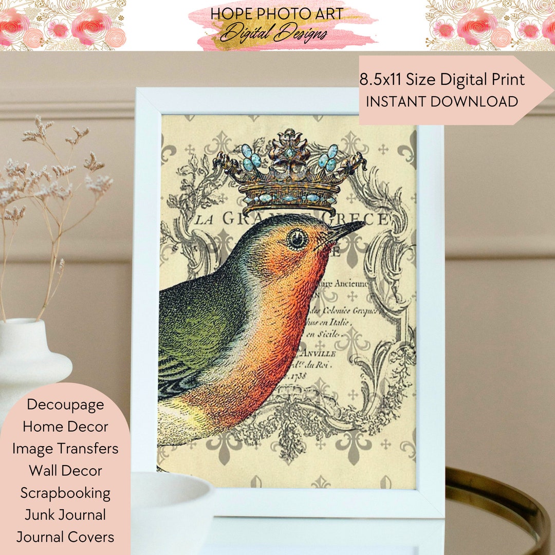 Crowned Bird, Decoupage Print, Spring, Ephemera, Rice Paper Design ...