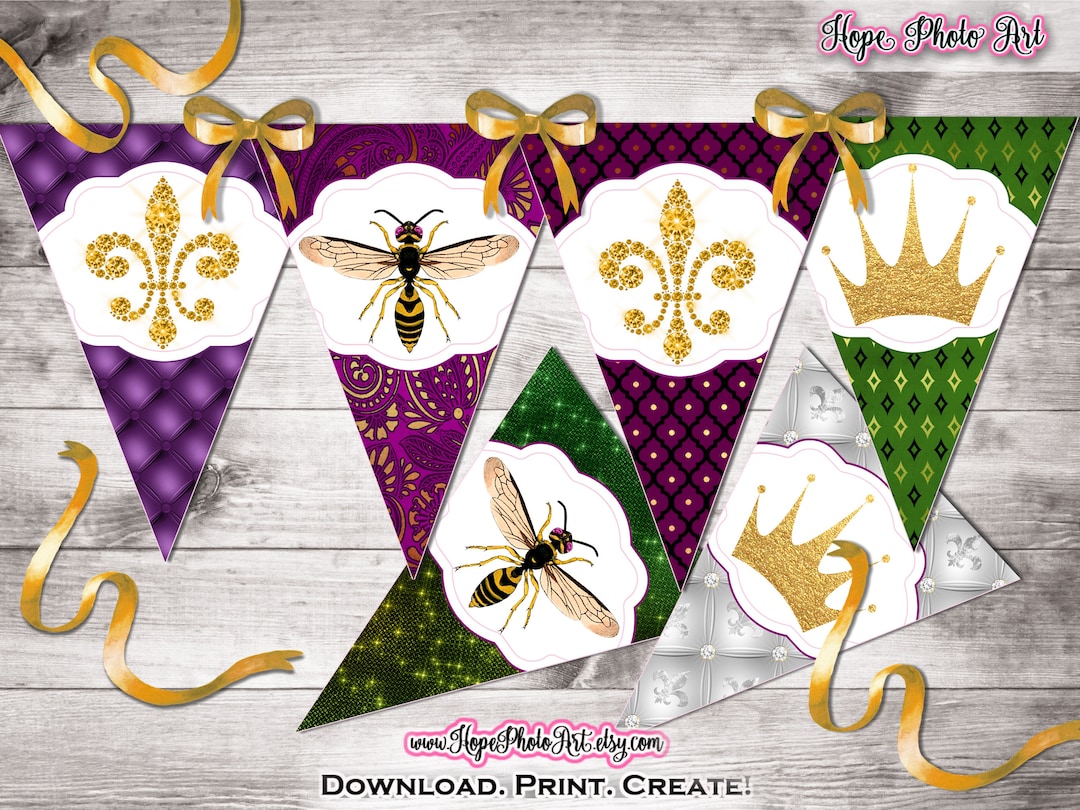 Printable Mardi Gras Banner, Garland, Party Decor, Vintage, Pennant ...