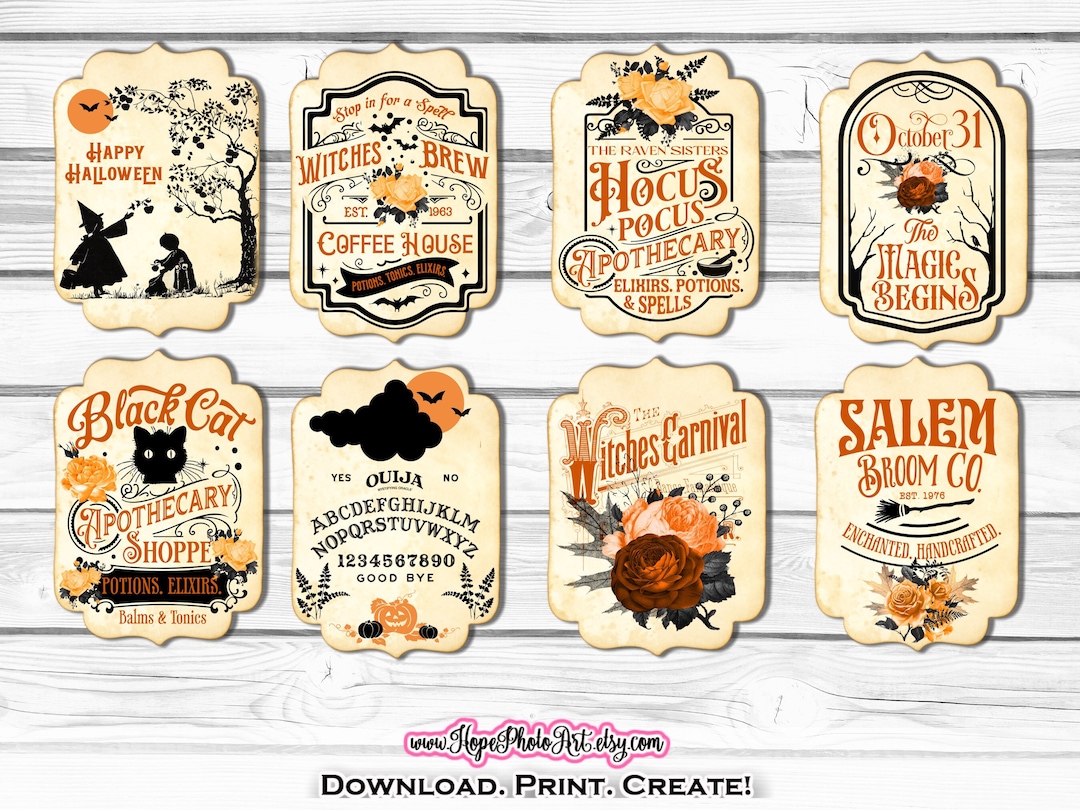 Halloween Tags Labels, Hocus Pocus, Vintage Apothecary, Orange and ...