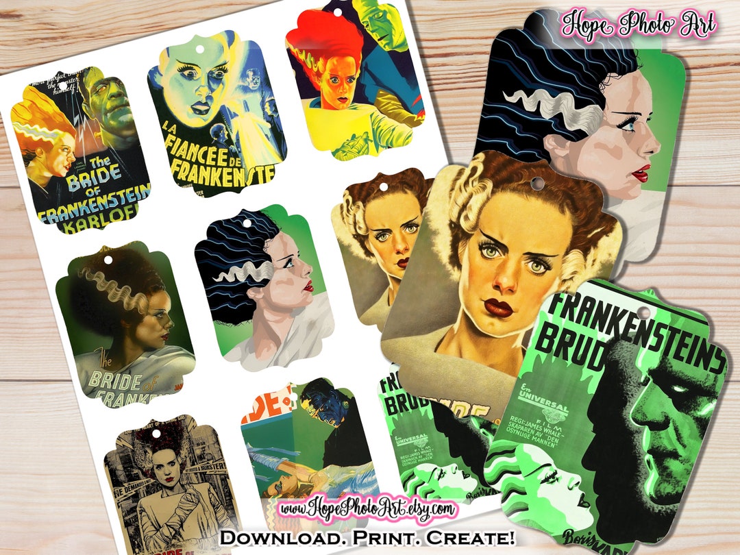 Bride of Frankenstein Halloween Tags, Retro Horror Movie Posters ...
