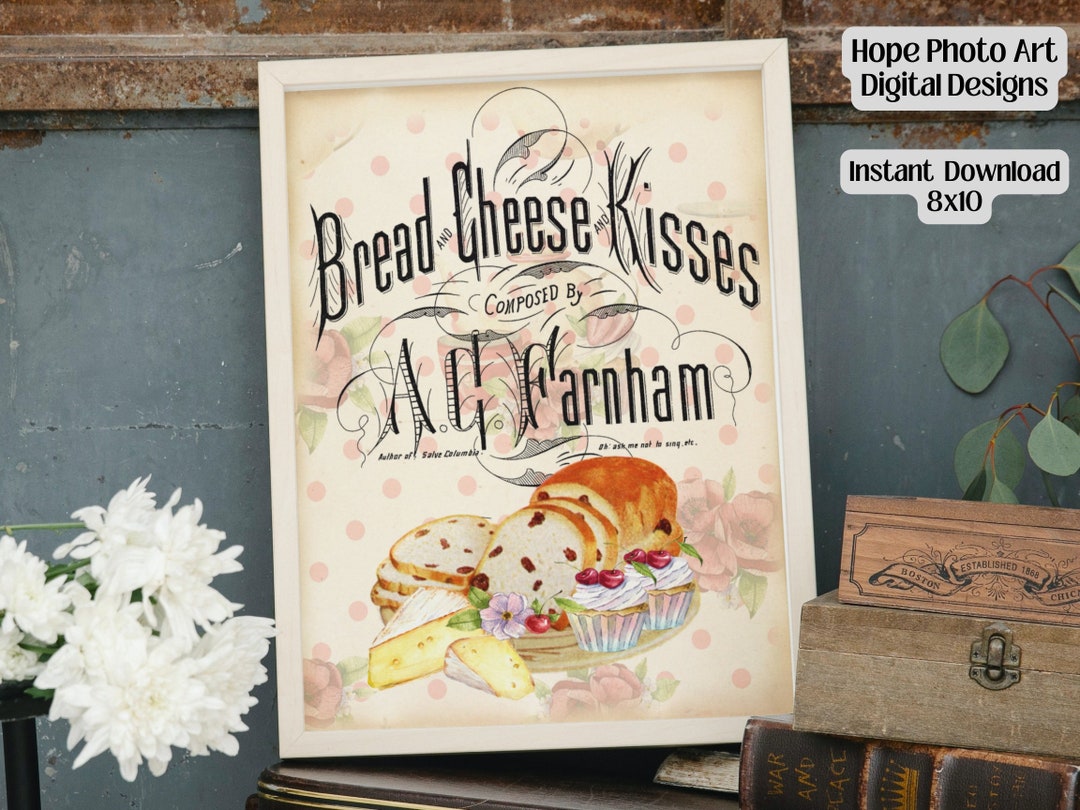 Retro Kitchen Print, Bread Cheese Kisses, Vintage Farmhouse, Iron on ...