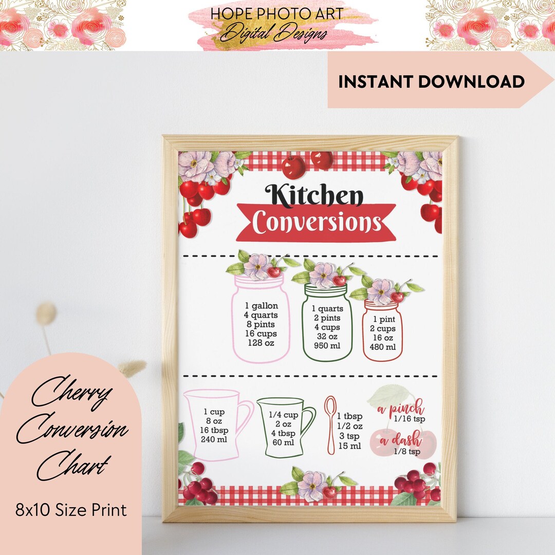 Cherry Fruit Kitchen Conversion Chart, Kitchen Decor, Wall Art, Baking ...