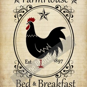 Printable Farmhouse Bed and Breakfast, Rooster Sign, Vintage, Kitchen ...