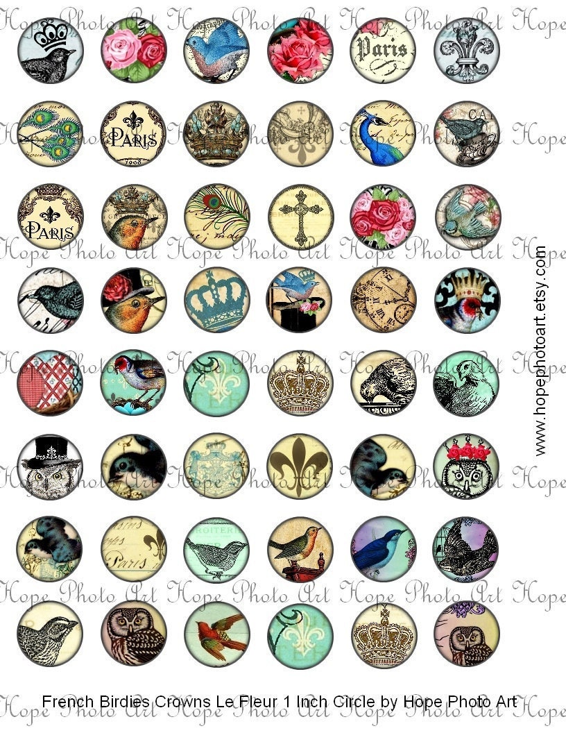 Printable French Owls Crowns Roses Peacock 1 Inch Circle | Etsy