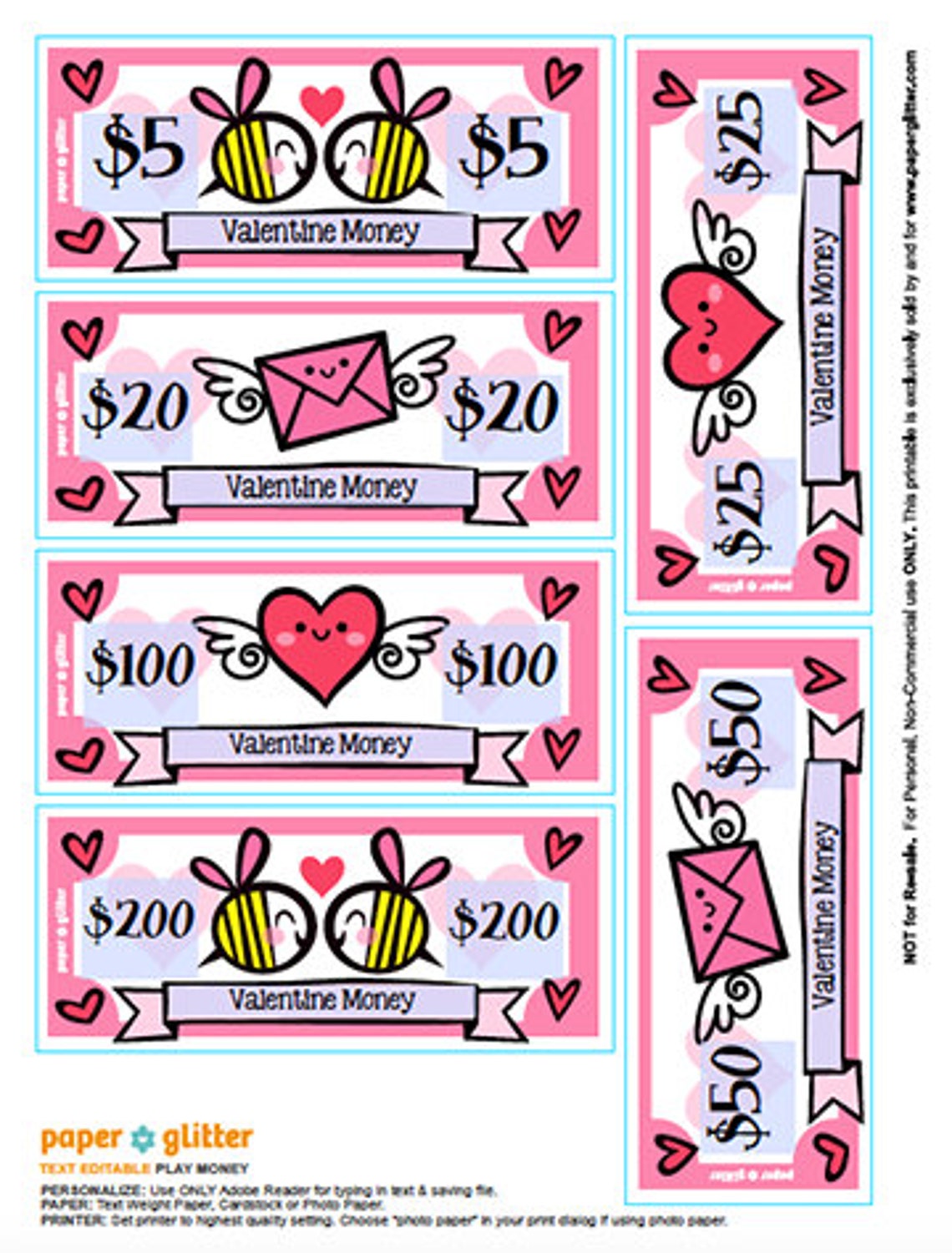 Valentine Paper Toy Money or Gift Certificate Printables DIY | Etsy
